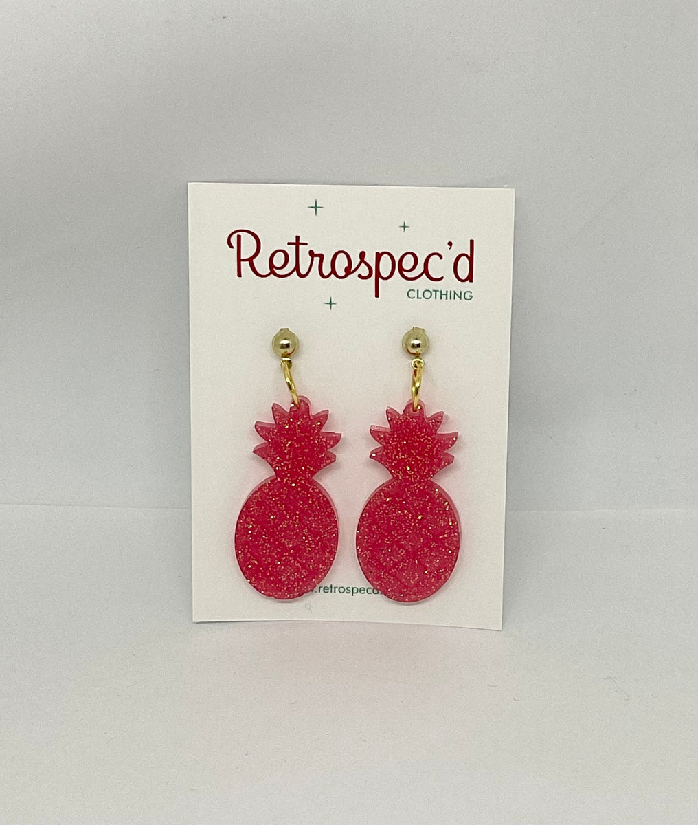 Pineapple Coral Pink Glitter Earrings Vintage Dress