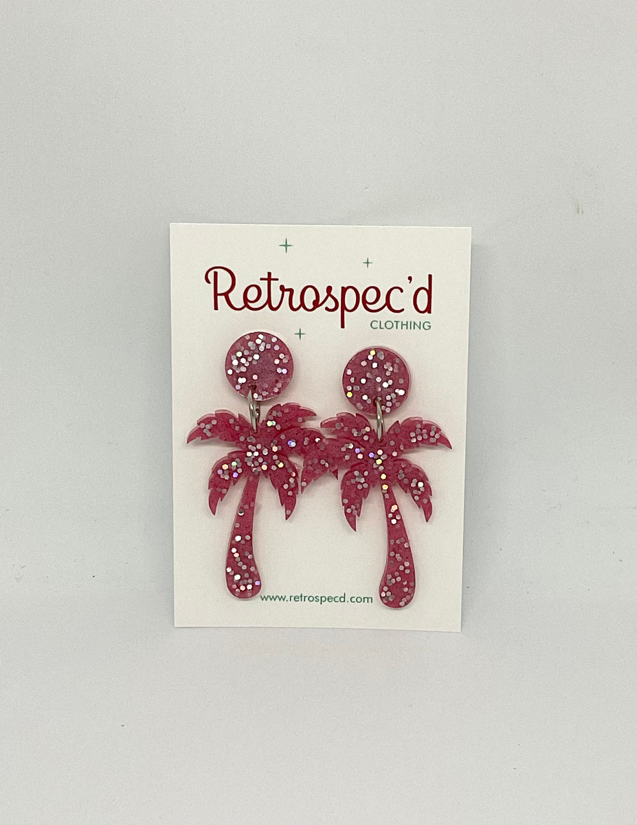 Palm Tree Pink Glitter Earrings Vintage Dress