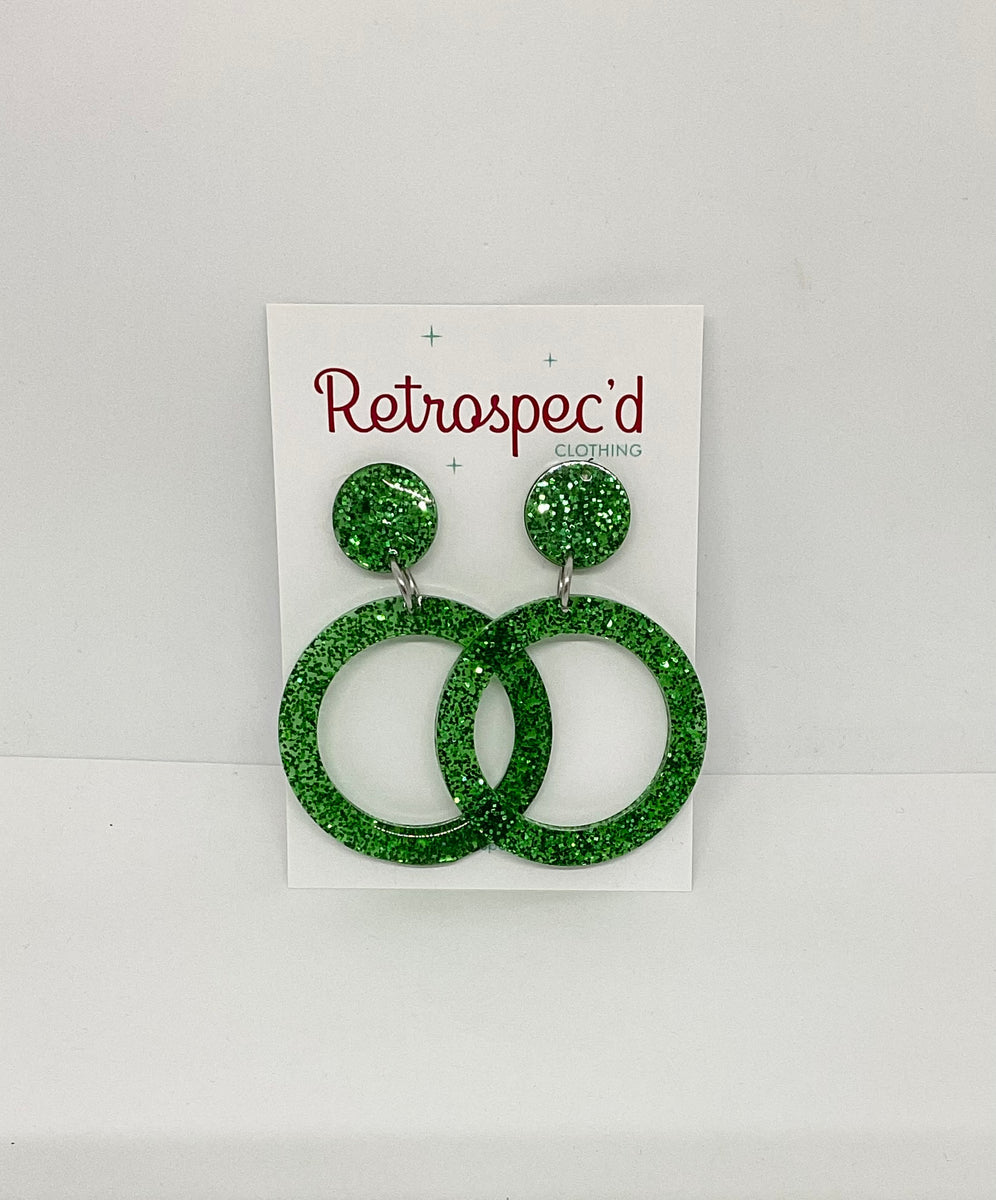 Lou Lou 50’s style Green Glitter Hoop Earrings Vintage Dress